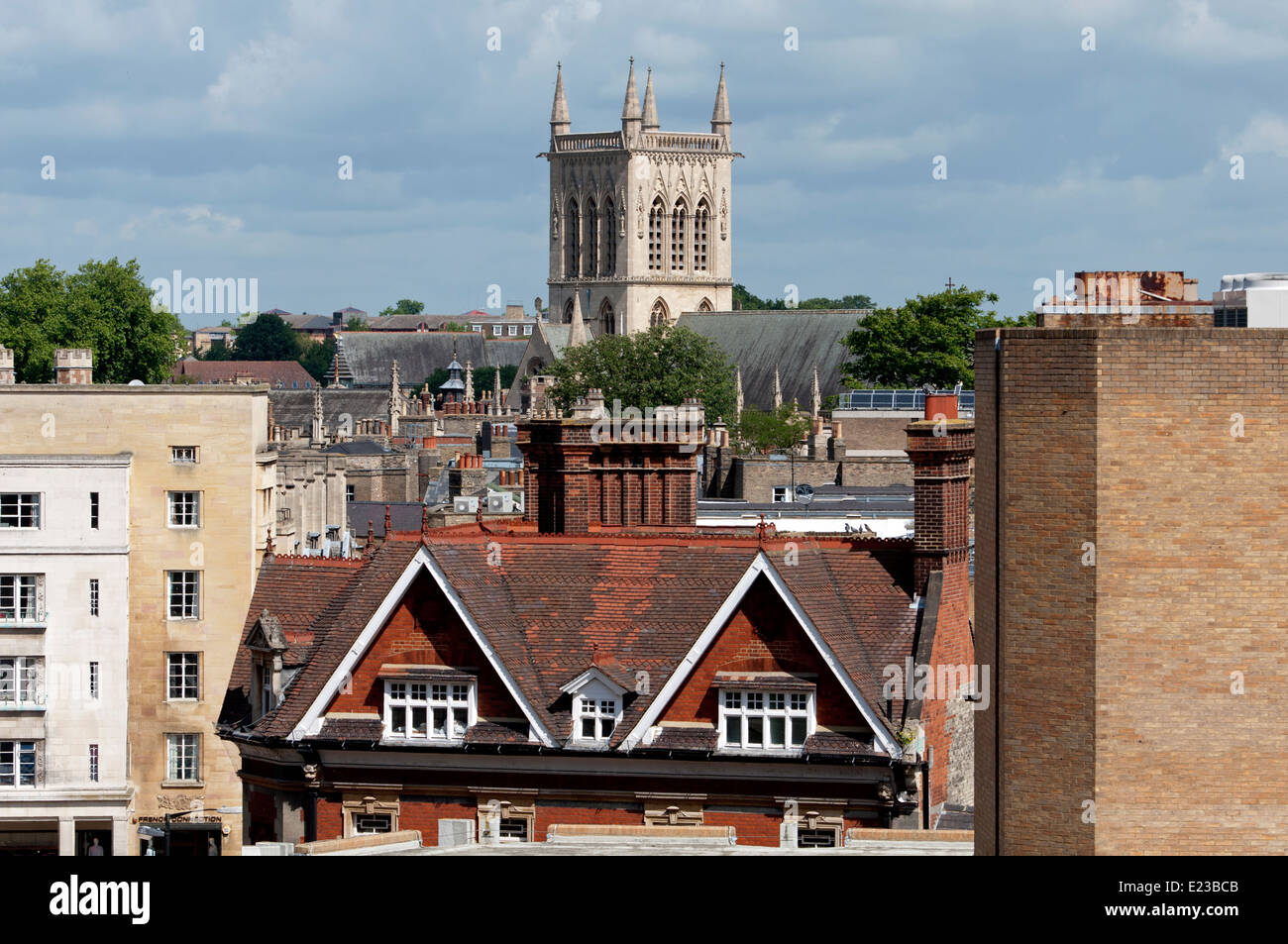 Rooftop view including St. John`s College chapel, Cambridge, England ...
