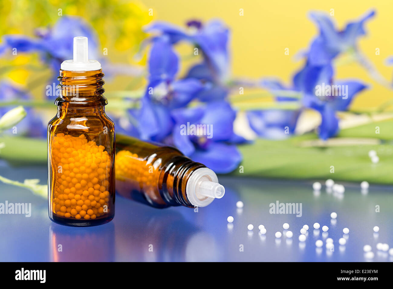 two bottles with homeopathy globules and flowers, with blue reflecting ...