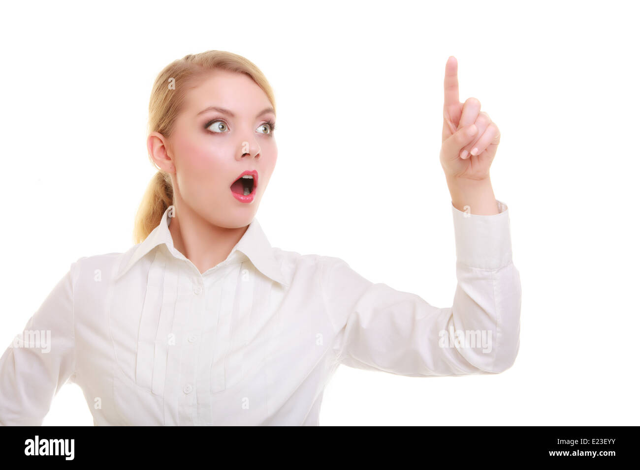 surprised businesswoman holding finger Stock Photo - Alamy