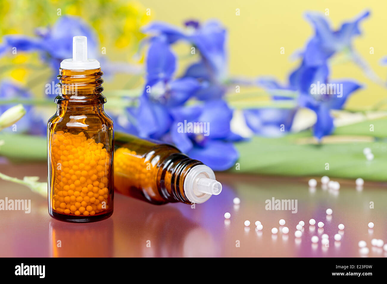 two bottles with homeopathy globules and flowers,with red reflecting ...