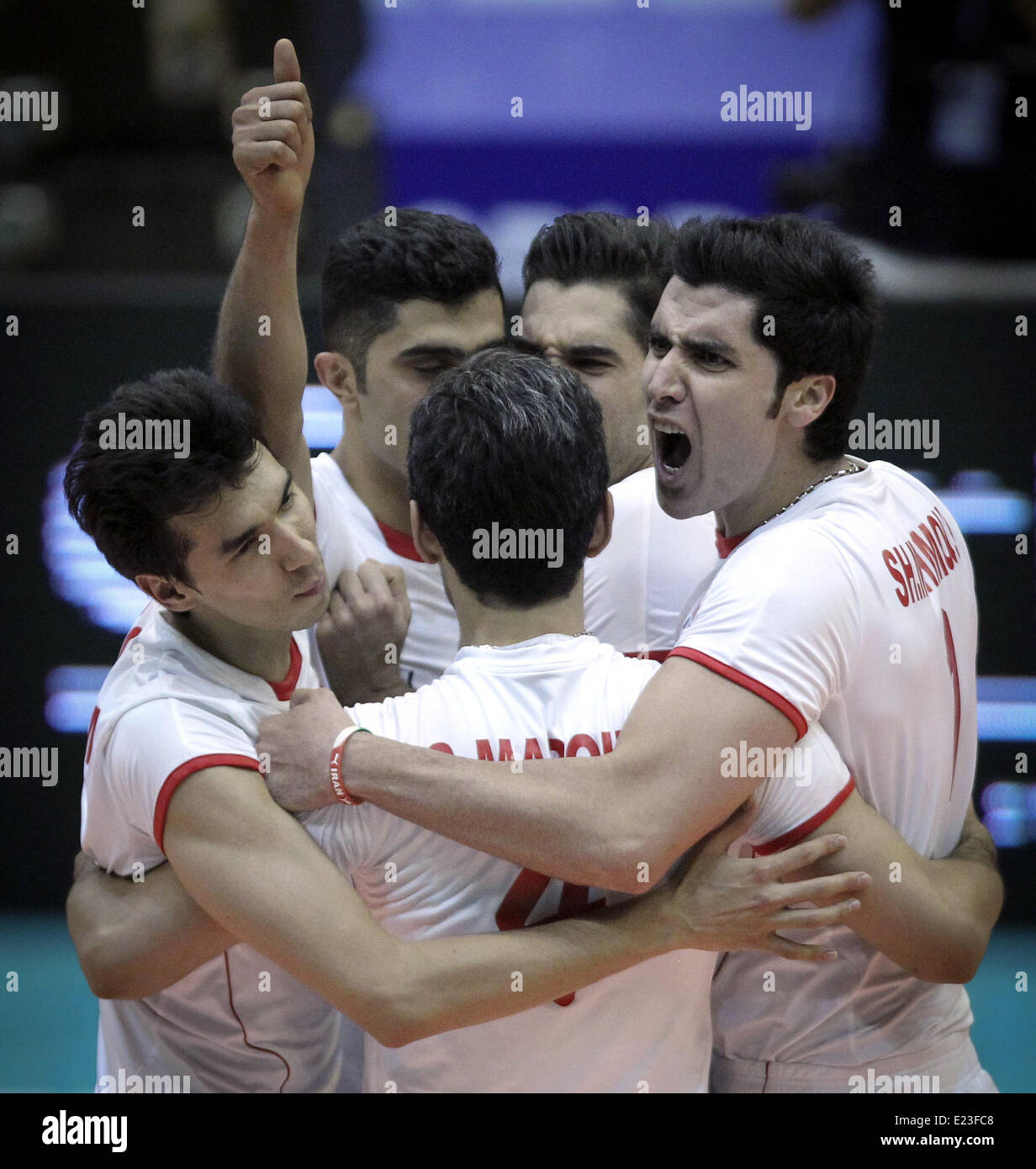 Tehran, Iran. 13th June, 2014. Iranian players celebrate after scoring ...