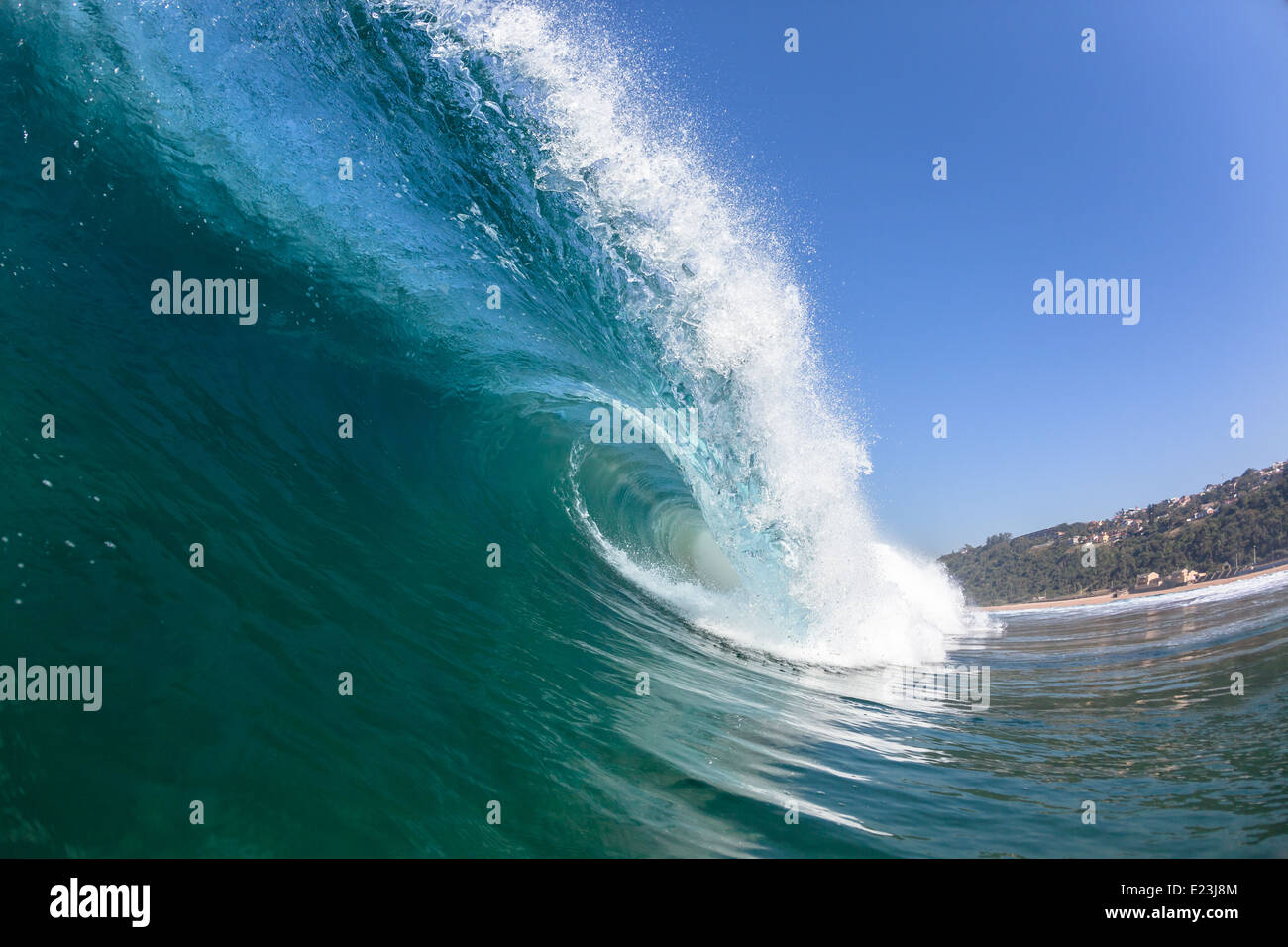 Ocean wave swimming inside closeup encounter crashing hollow blue water ...