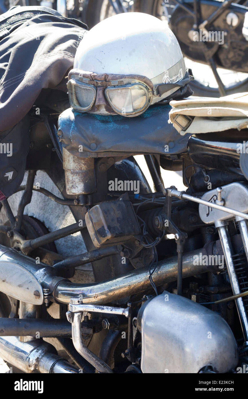 old British biking helmet with Classic retro driving Goggles Stock ...