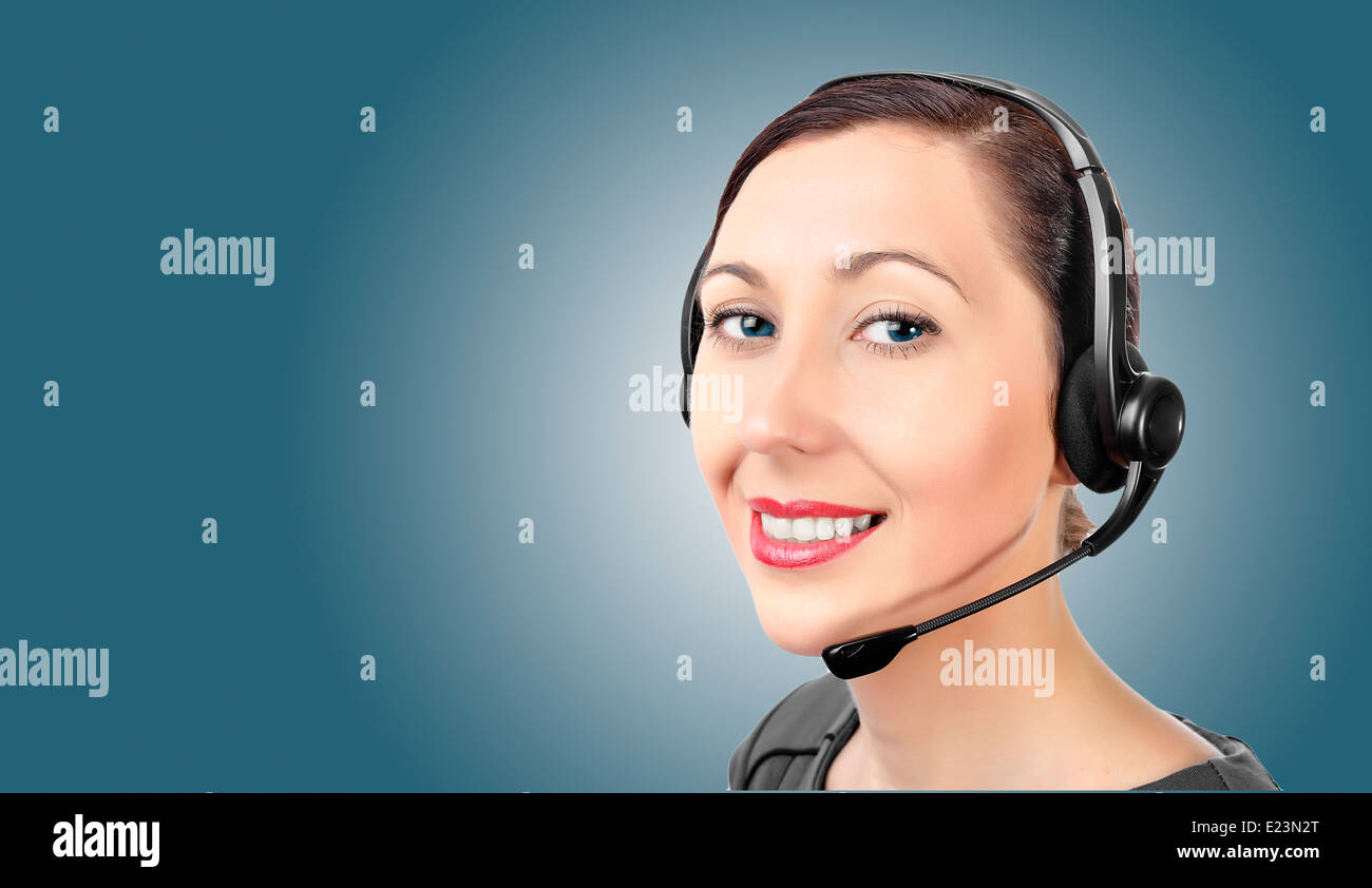 Happy smiling support phone operator at office Stock Photo - Alamy