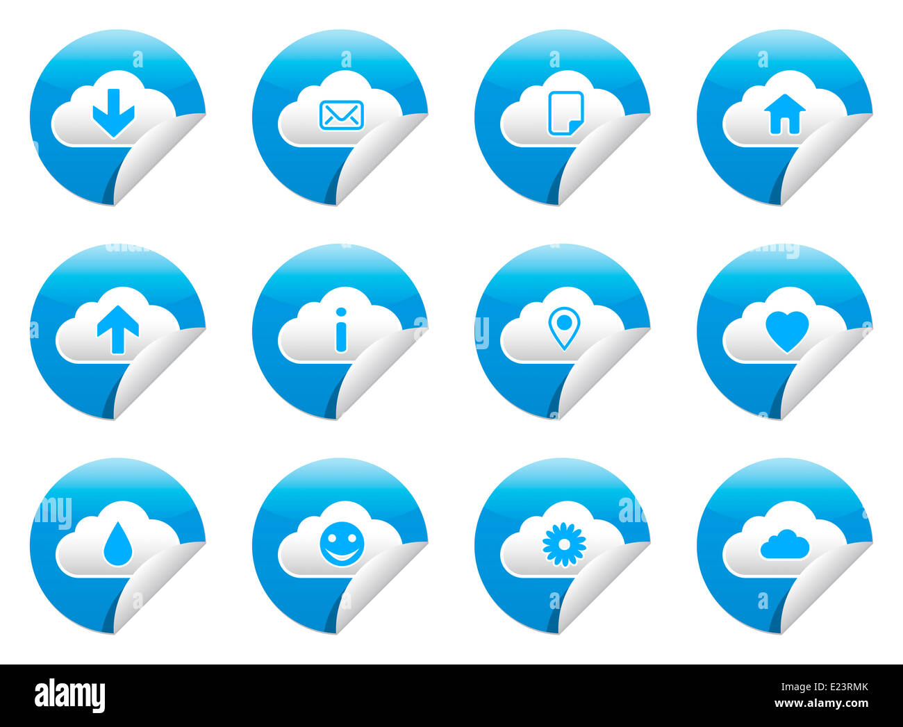 Blue cloud web icon collection with glossy stick style design on white ...