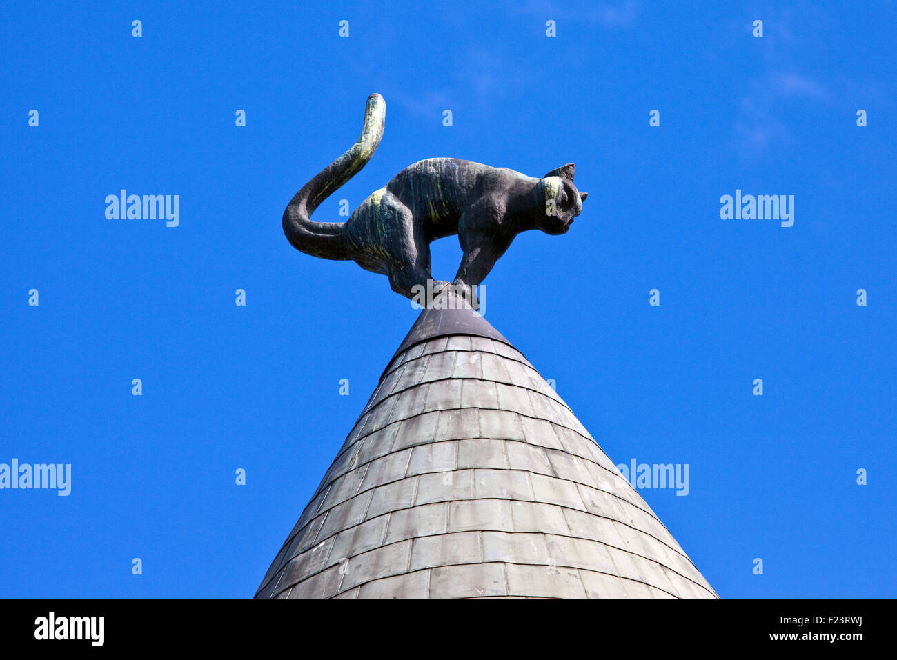 The cat sculpture on the roof of Cat House in Riga, Latvia Stock Photo ...