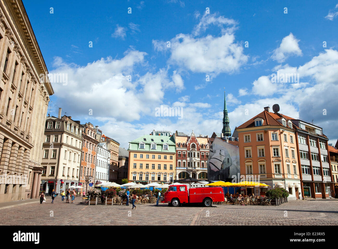 A view from Dome Square in Riga. The steeple of St. Peter's church can ...