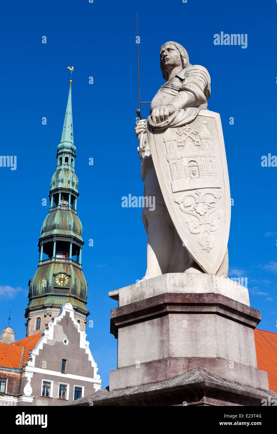 Statue of Saint Roland with St. Peter's church in the background in ...