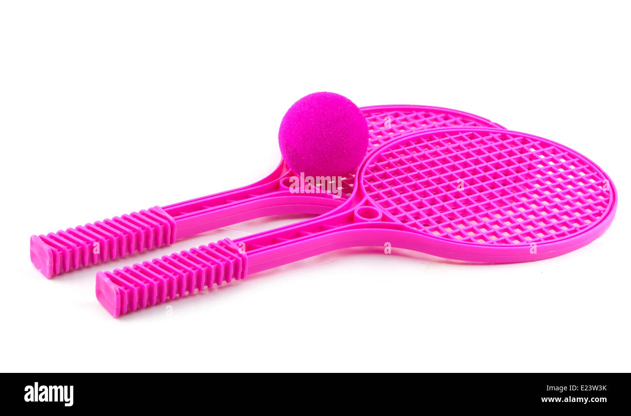 Plastic tennis racket with ball isolated on white Stock Photo - Alamy