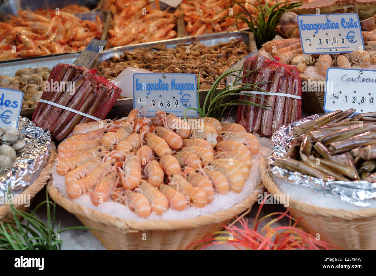 The food market at rue Mouffetard in Paris, France showing langoustines ...