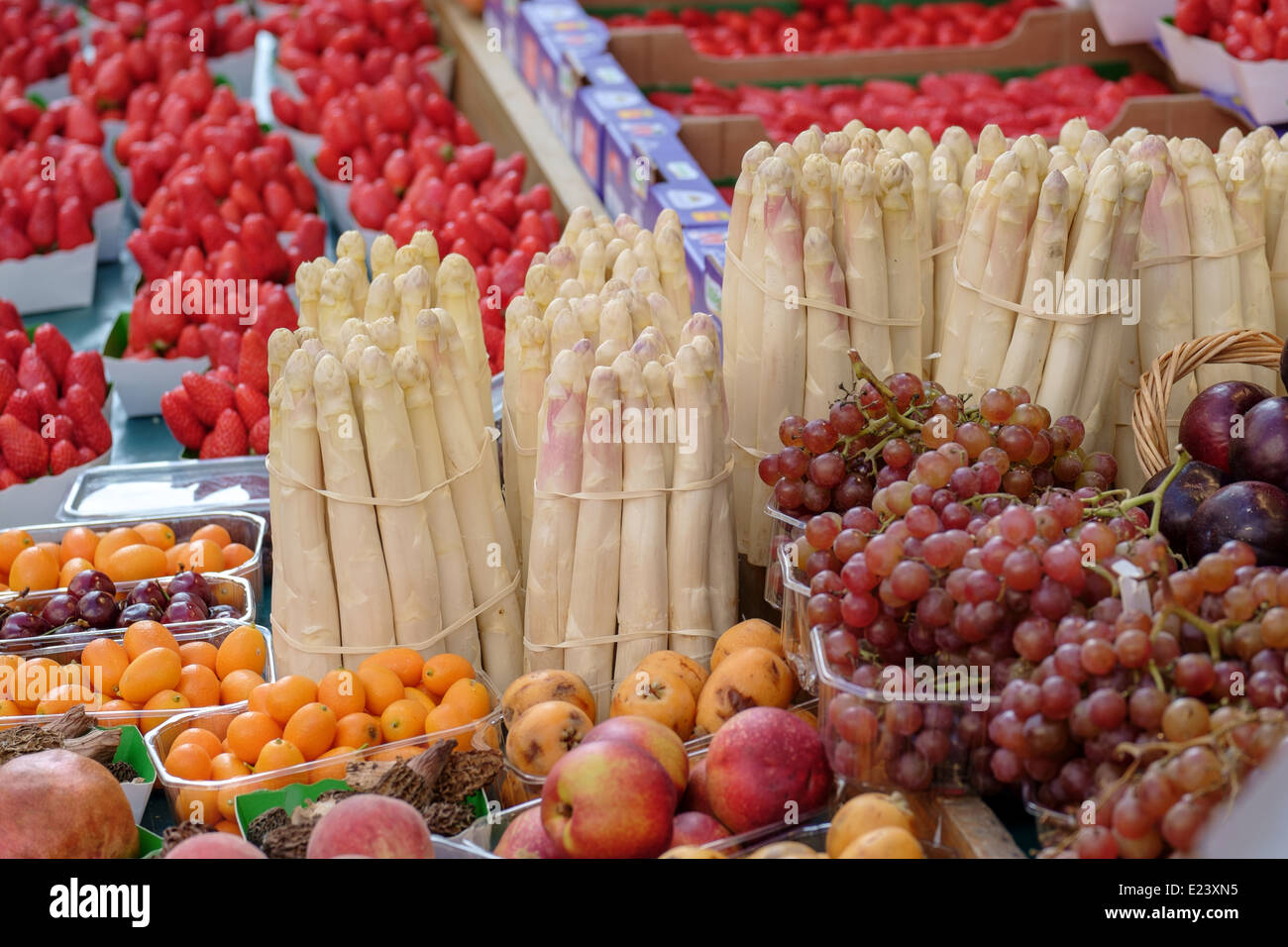 The food market at rue Mouffetard in Paris, France showing white ...