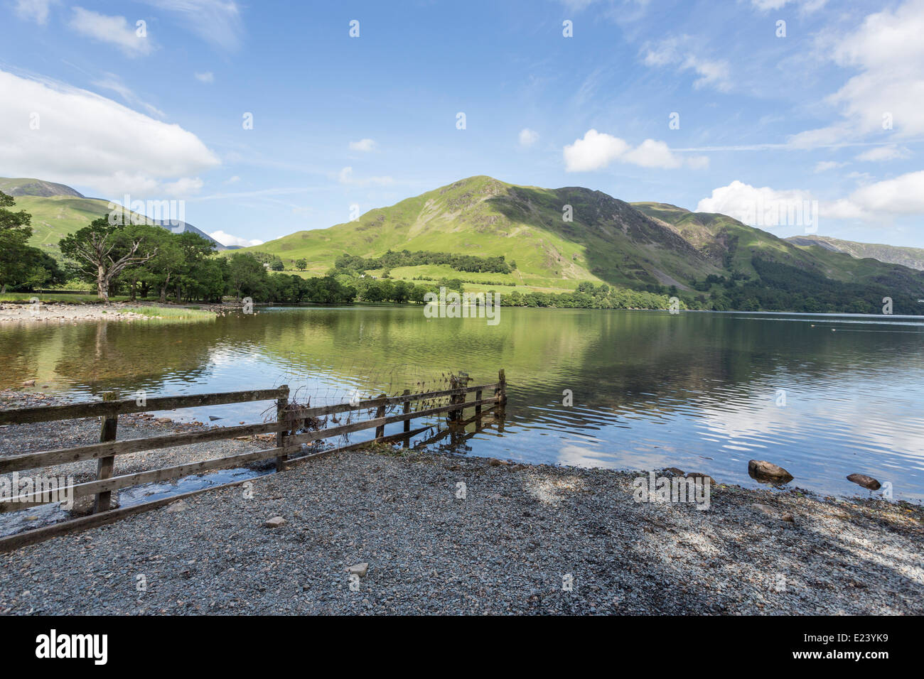View over Buttermere towards Buttermere Fell, with blue sky, white ...