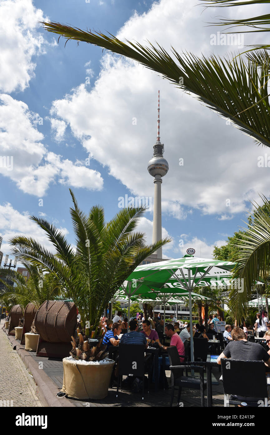 Berlin, Germany. 06th June, 2014. People sit behind palm trees in a ...