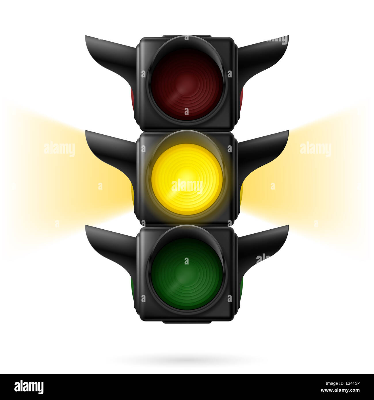 Realistic traffic lights with yellow color on and sidelight. Wait ...