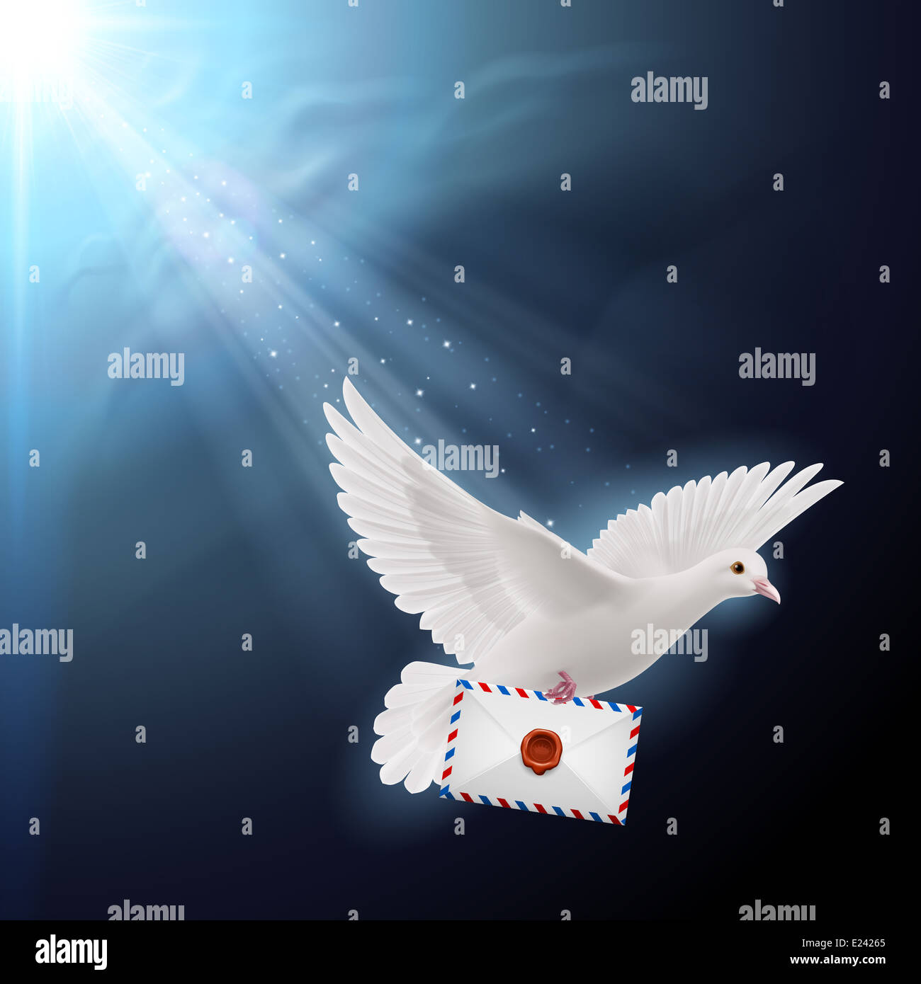 Pigeon flying with letters in beak on sunlight Stock Photo - Alamy