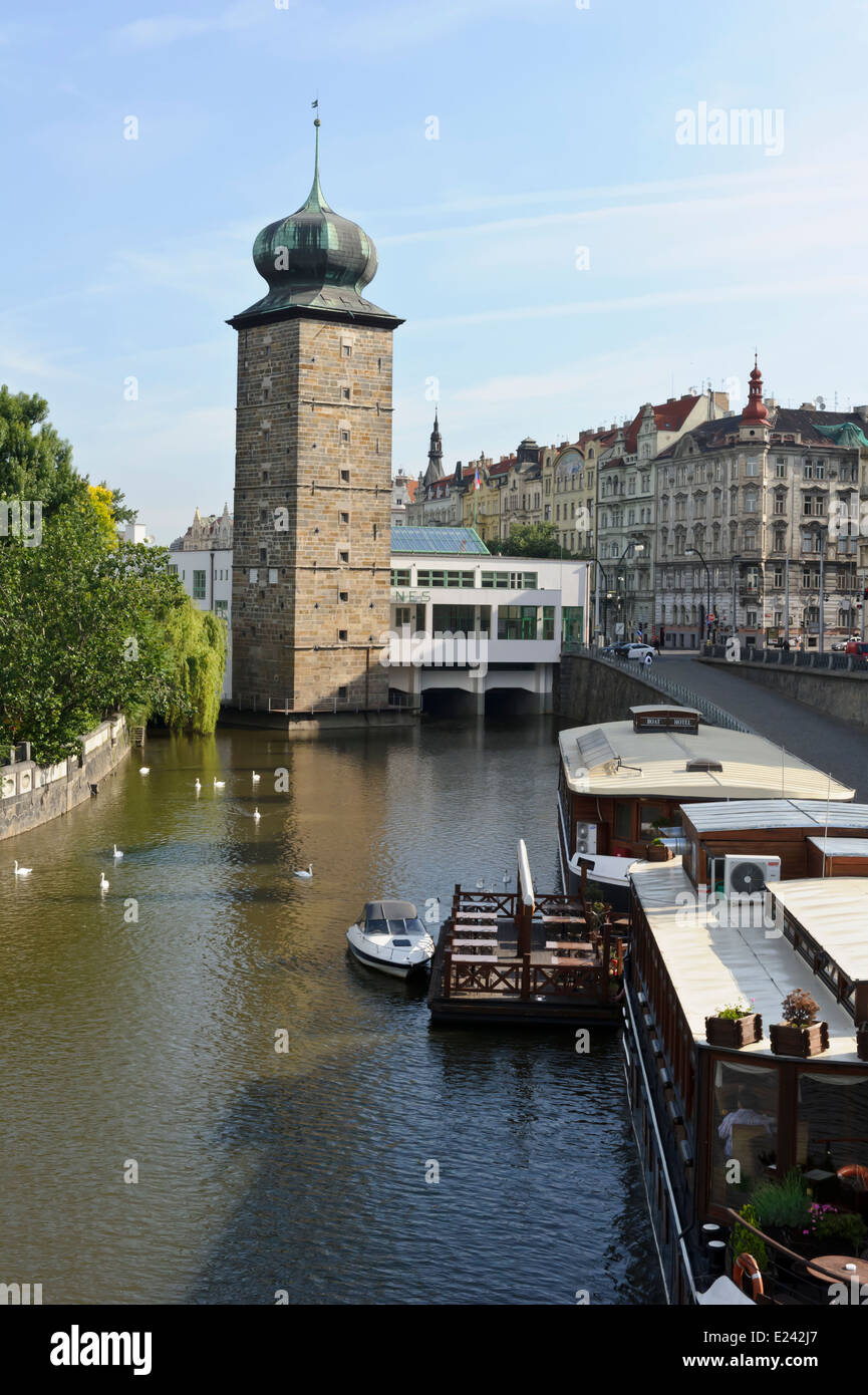 Manes Exhibition Hall with a 15th century water tower, Prague, Czech ...