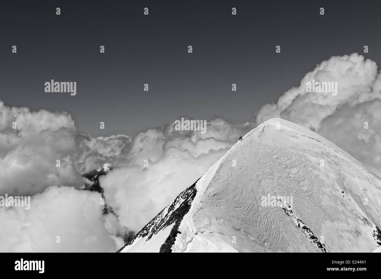 Climbers on the superb airy traverse of the Breithorn in the Swiss Alps ...