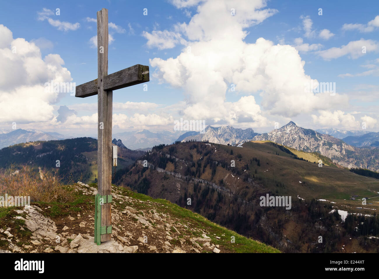 Wooden cross on the mountain in the Austrian Alps, Salzburger Land ...