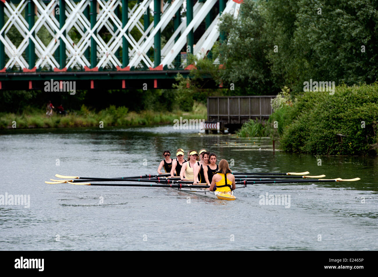 Cambridge May Bumps, a Clare College ladies eight rowing to a race ...