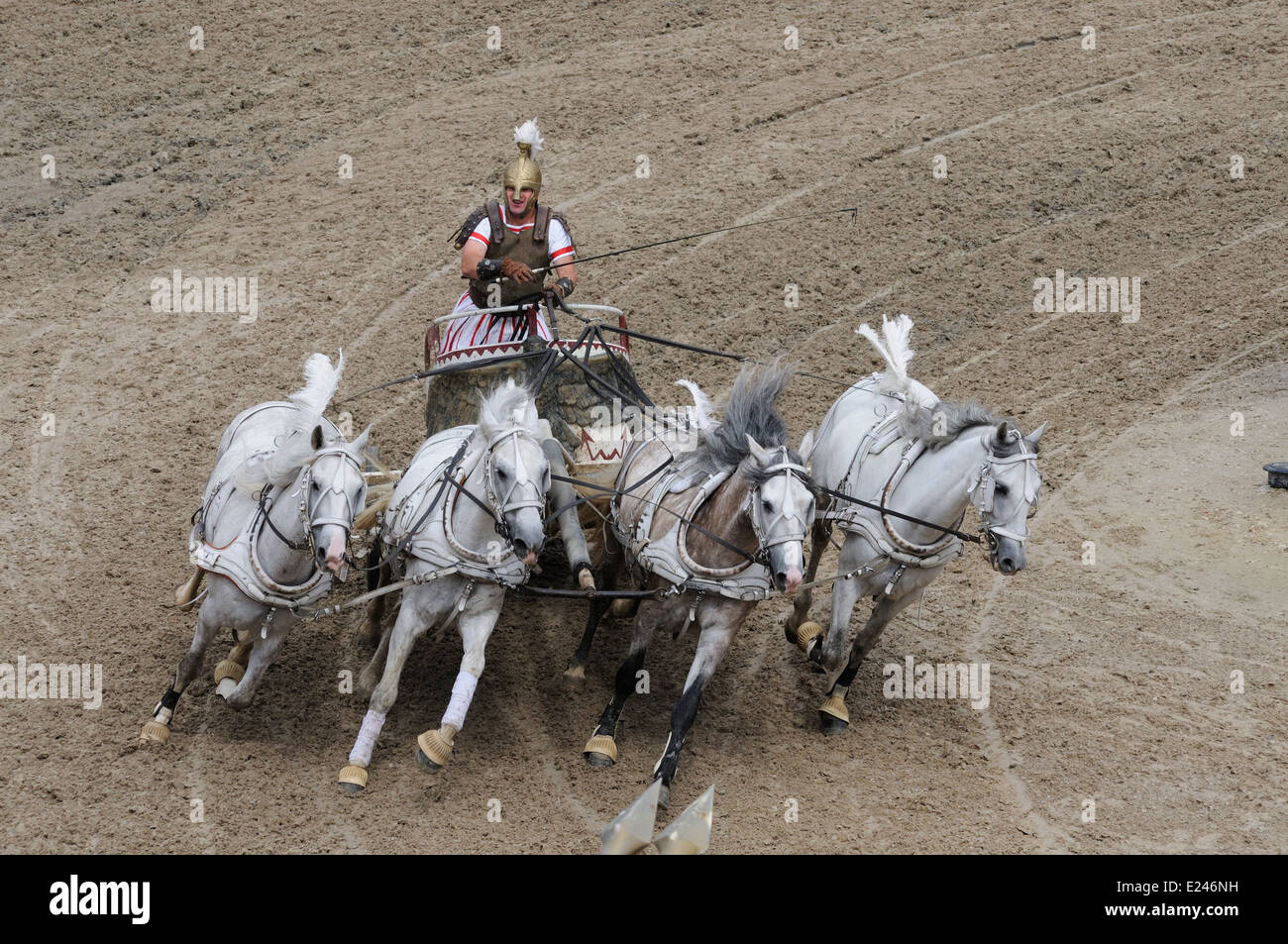 Re-enactment of a Roman chariot race at Puy du Fou in Les Epesses ...