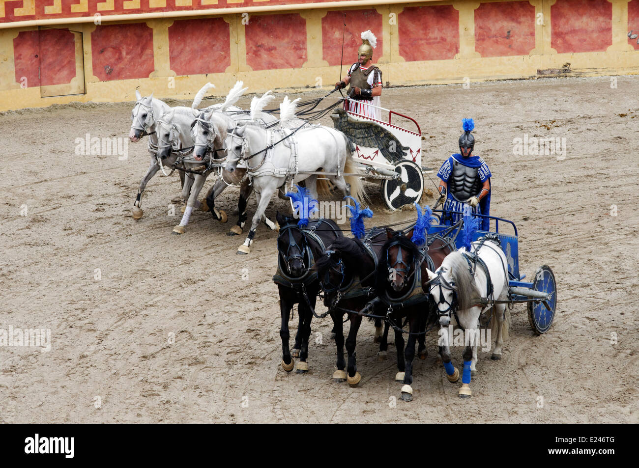 Re-enactment of a Roman chariot race at Puy du Fou in Les Epesses ...