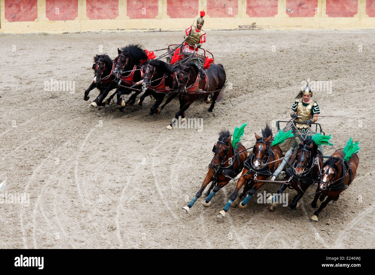 Re-enactment of a Roman chariot race at Puy du Fou in Les Epesses ...