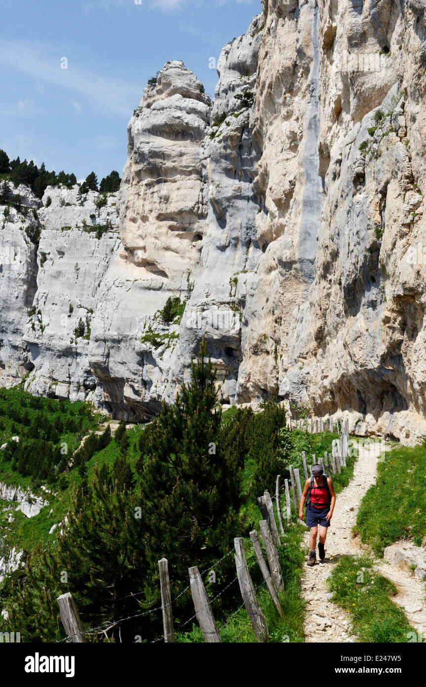 A lady hiker on Dent de Crolles in the Chartreuse range near Grenoble ...