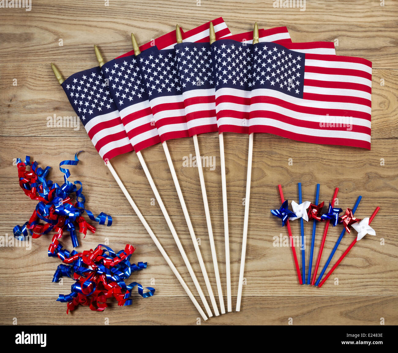 Overhead view of United States of America flags, ribbons and pinwheels ...