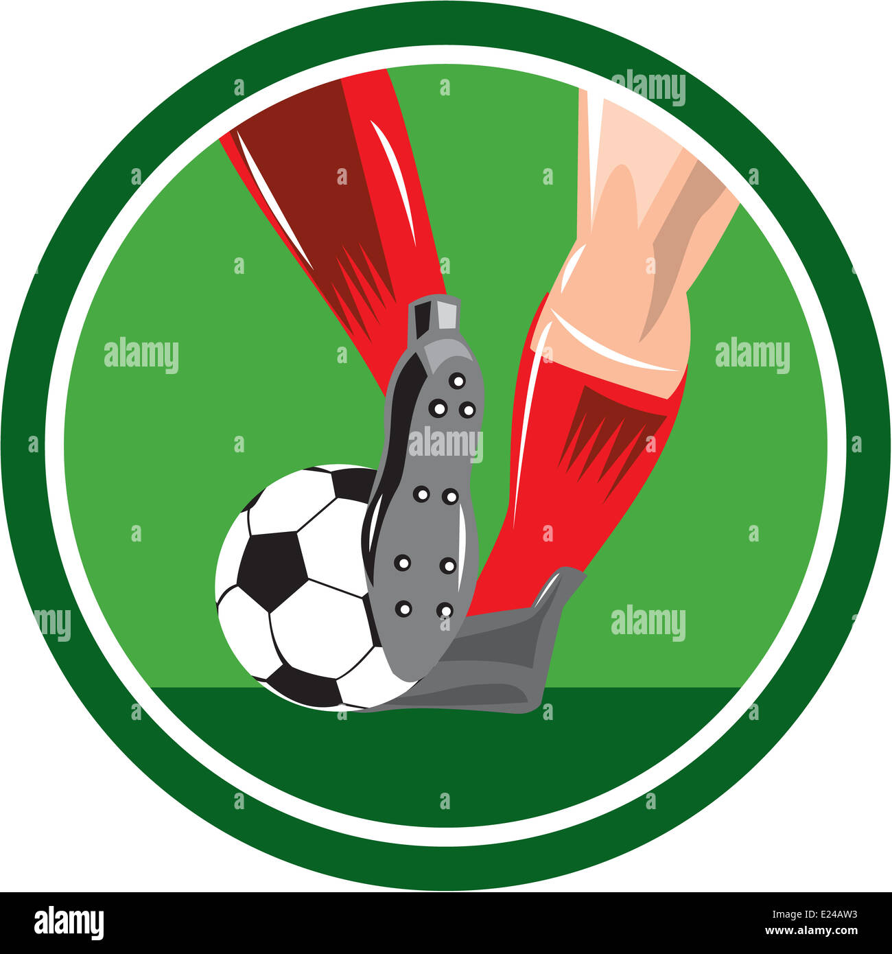Illustration of a leg foot kicking a soccer ball set inside circle done ...
