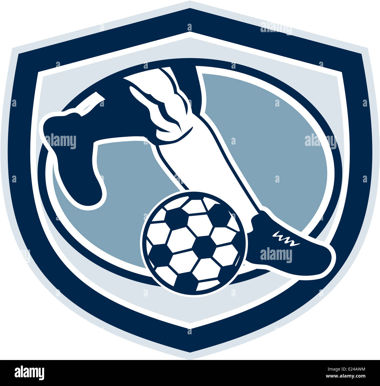 Illustration of a leg foot kicking soccer ball set inside shield crest ...