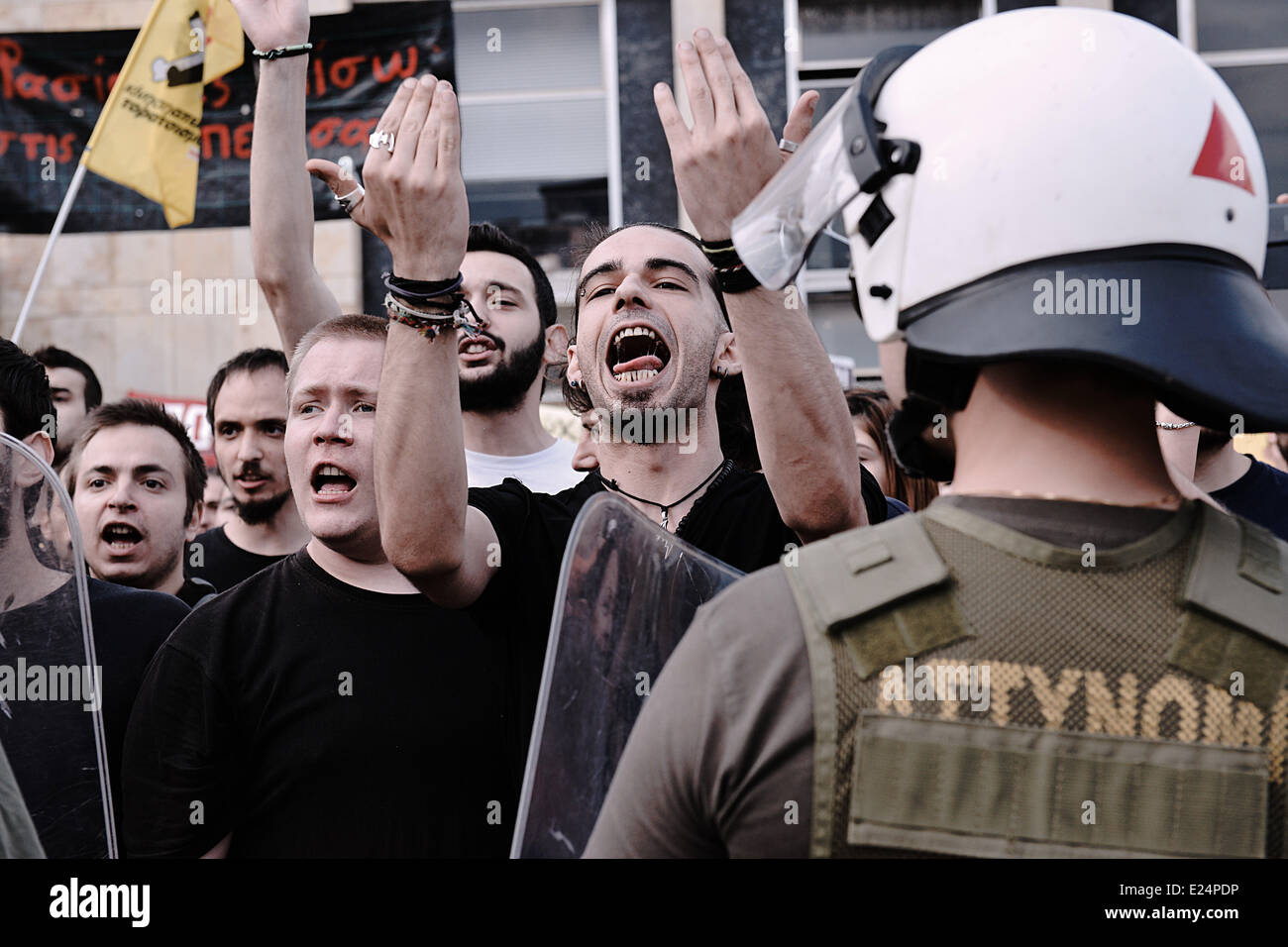 Thessaloniki, Greece. 15th June, 2014. Members of antifascist groups ...