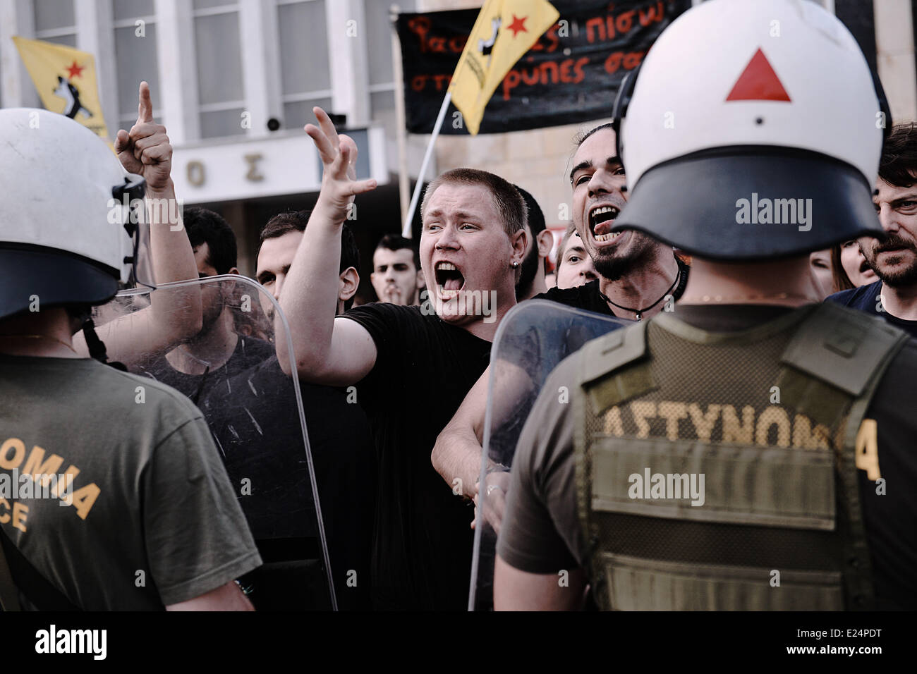 Thessaloniki, Greece. 15th June, 2014. Members of antifascist groups ...