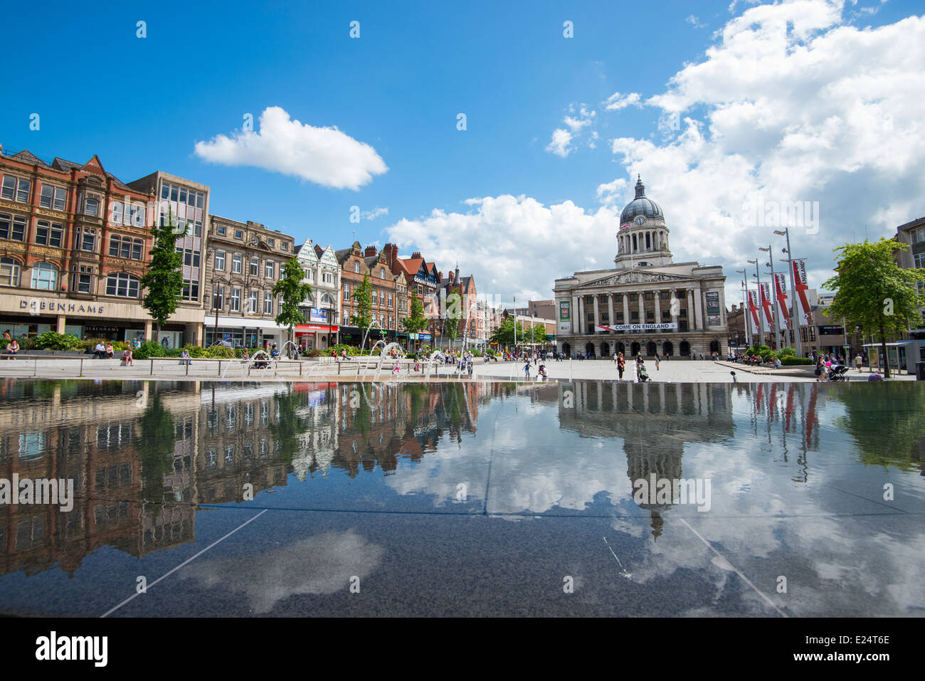 Market Square reflected in the water feature in Nottingham City Centre ...