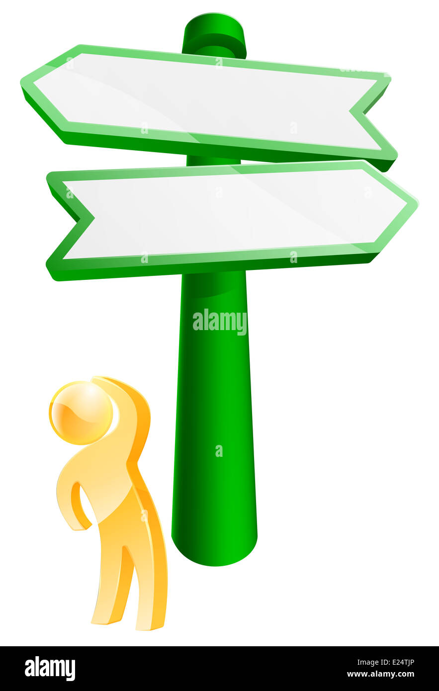 Which direction? concept of a mascot looking at sign deciding which way ...