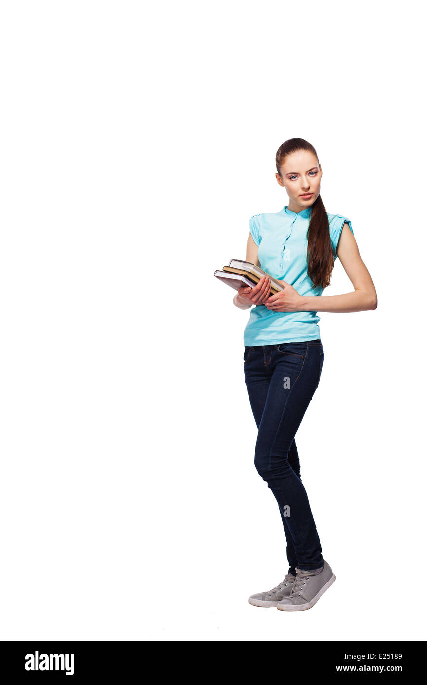 full length portrait of young female college student. isolated on white ...
