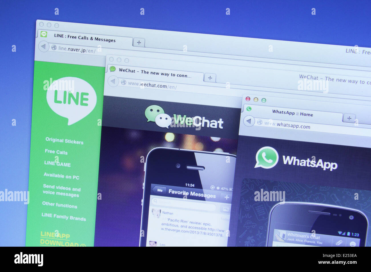 Photo of Line, WhatsApp and WeChat on a monitor screen. They are famous ...