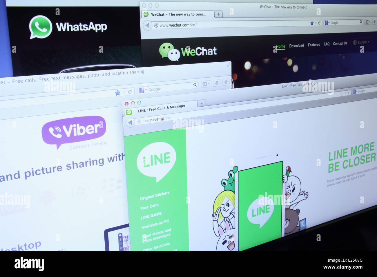 Photo of Line, WeChat, Viber and WhatsApp on a monitor screen. They are ...