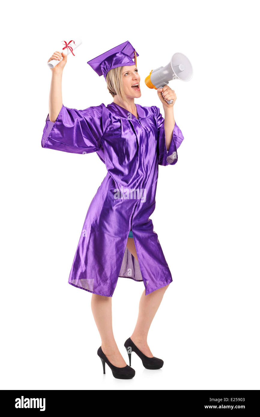 Full length portrait of a female graduate student speaking on a ...