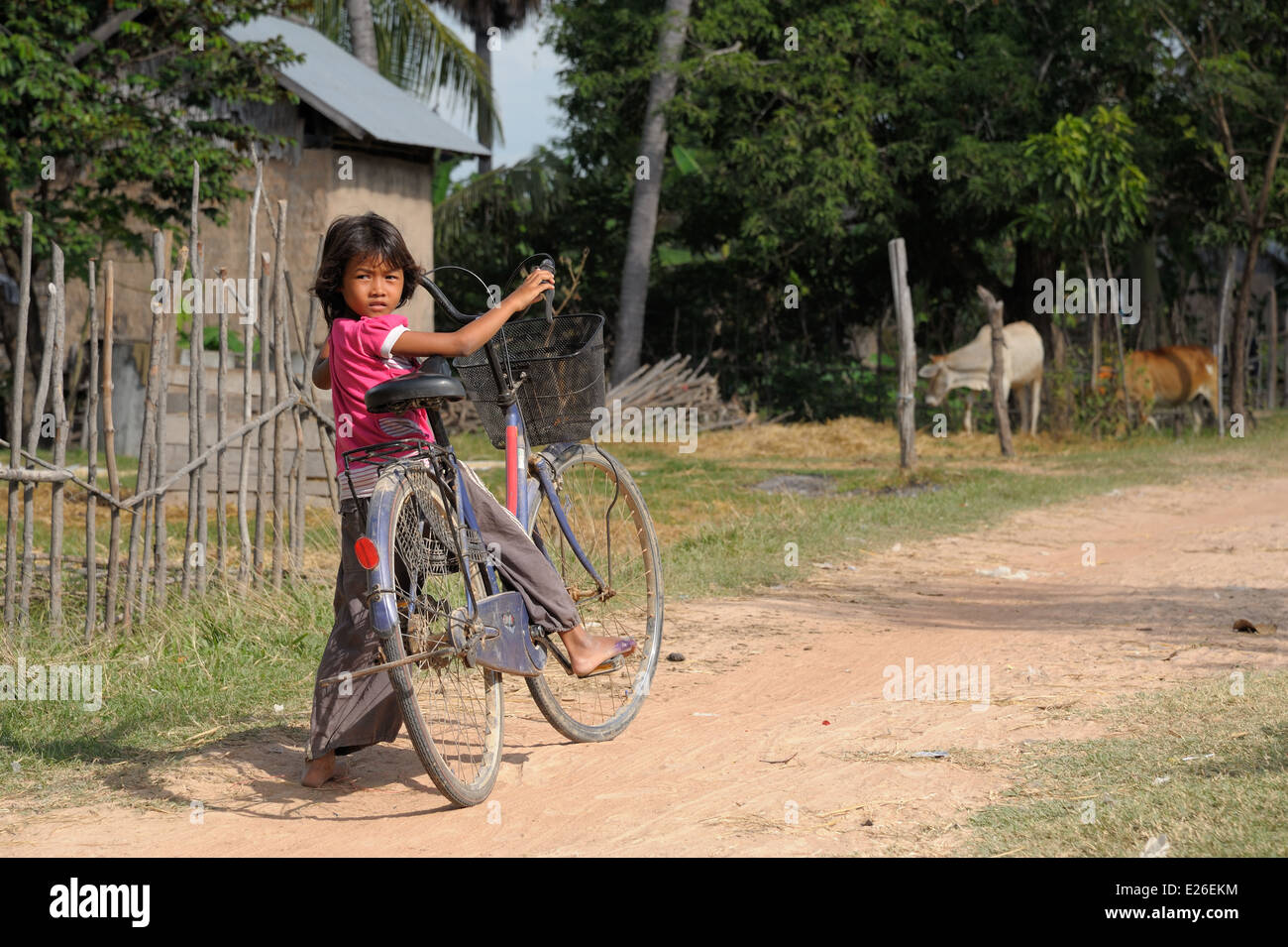 Girl pushing her bicycle Stock Photo - Alamy