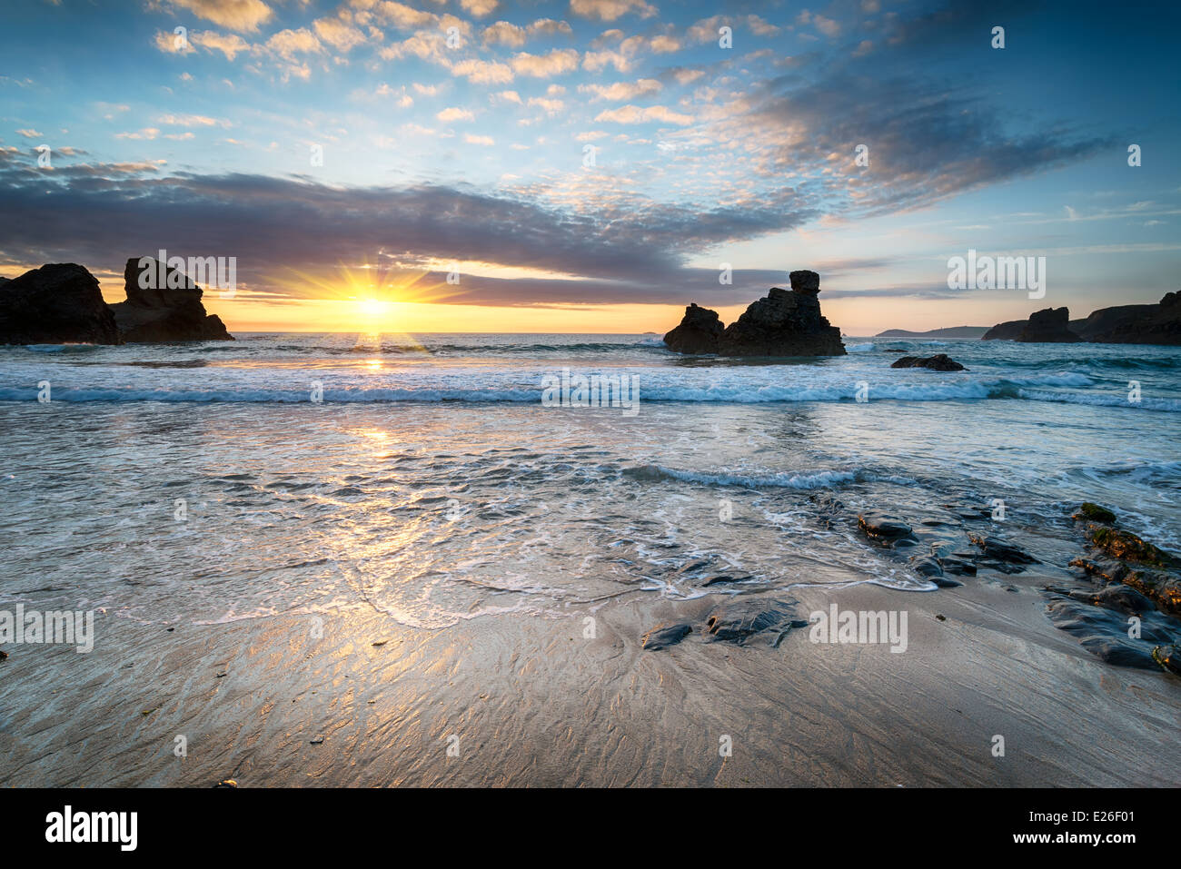 Sunset at Porthcothan Bay, a sandy cove on the north coast of Cornwall ...