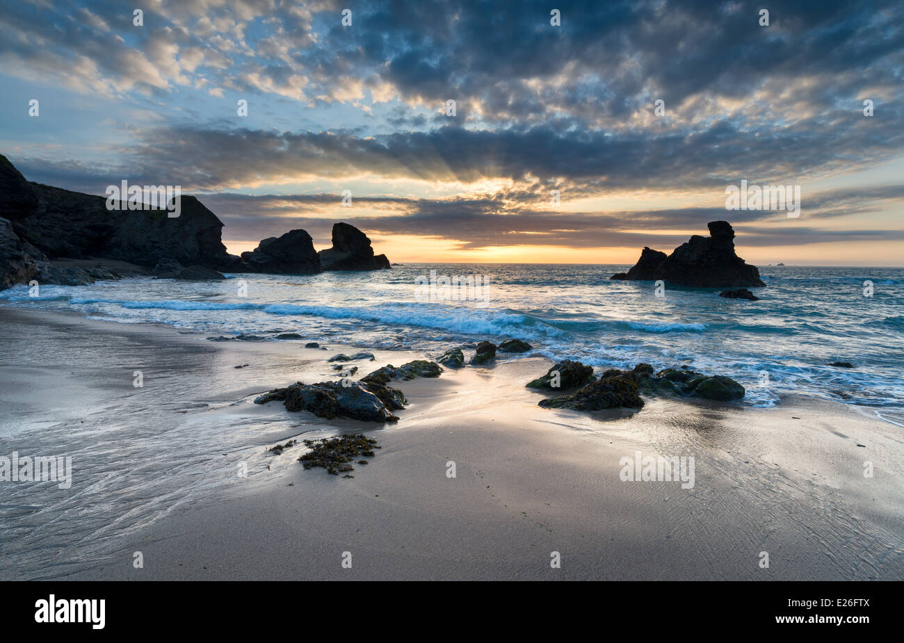 Sunset at Porthcothan Bay, a sandy cove on the north coast of Cornwall ...