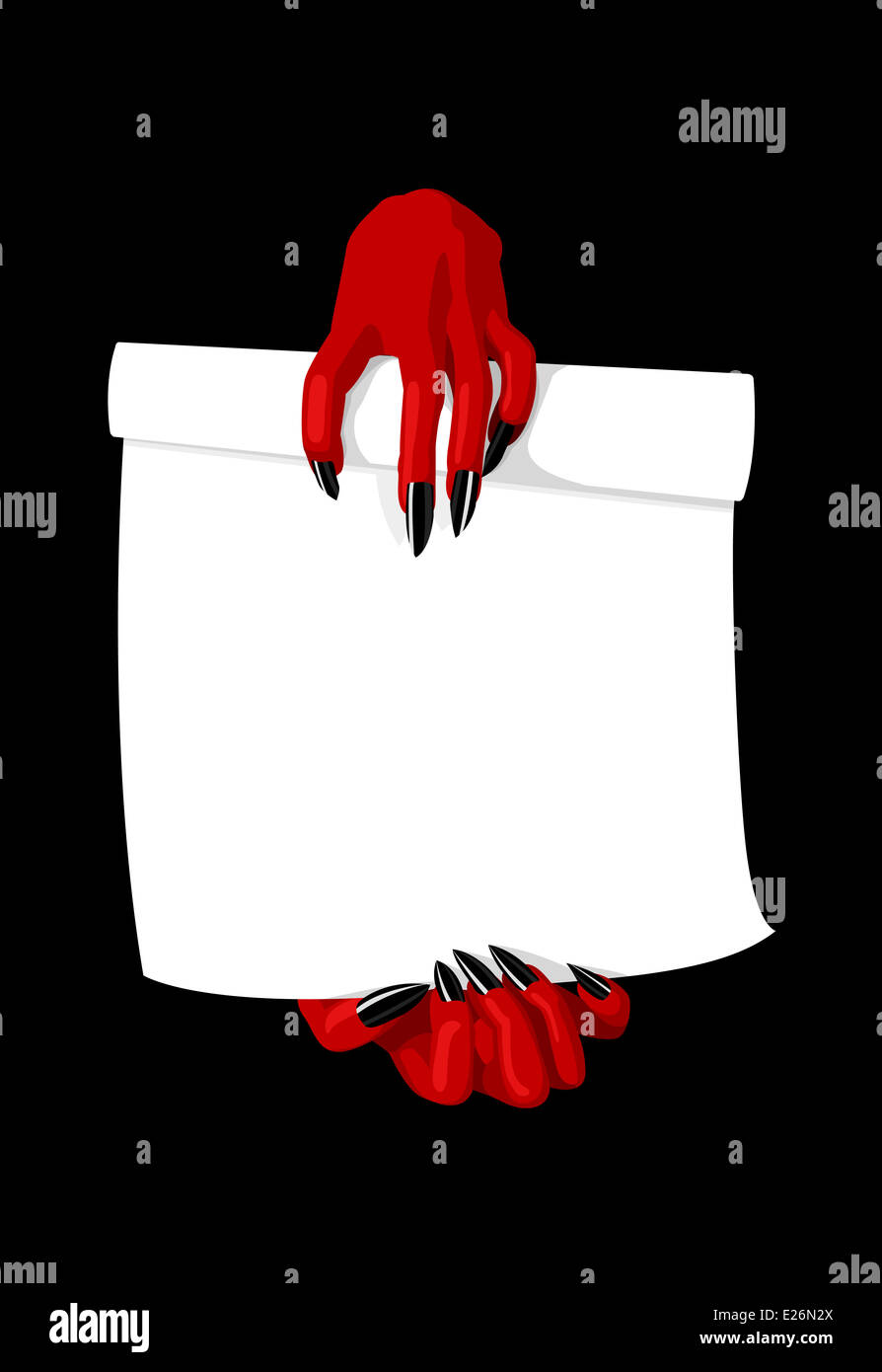 Vector illustration of devil hands holding contract, deal with the ...