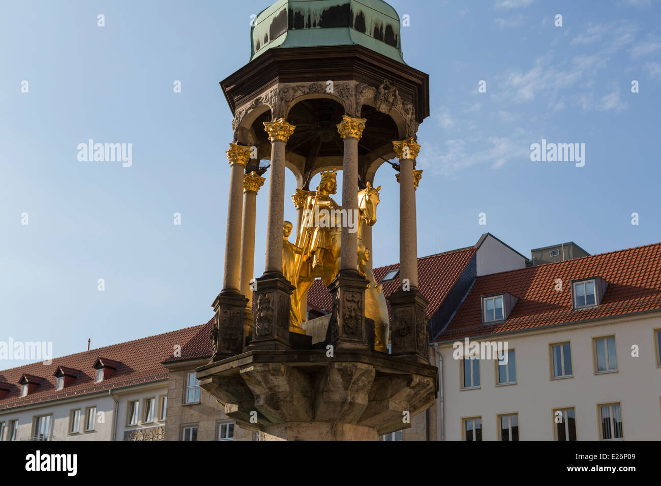 Statue of the golden rider at the old market of Magdeburg (Germany ...