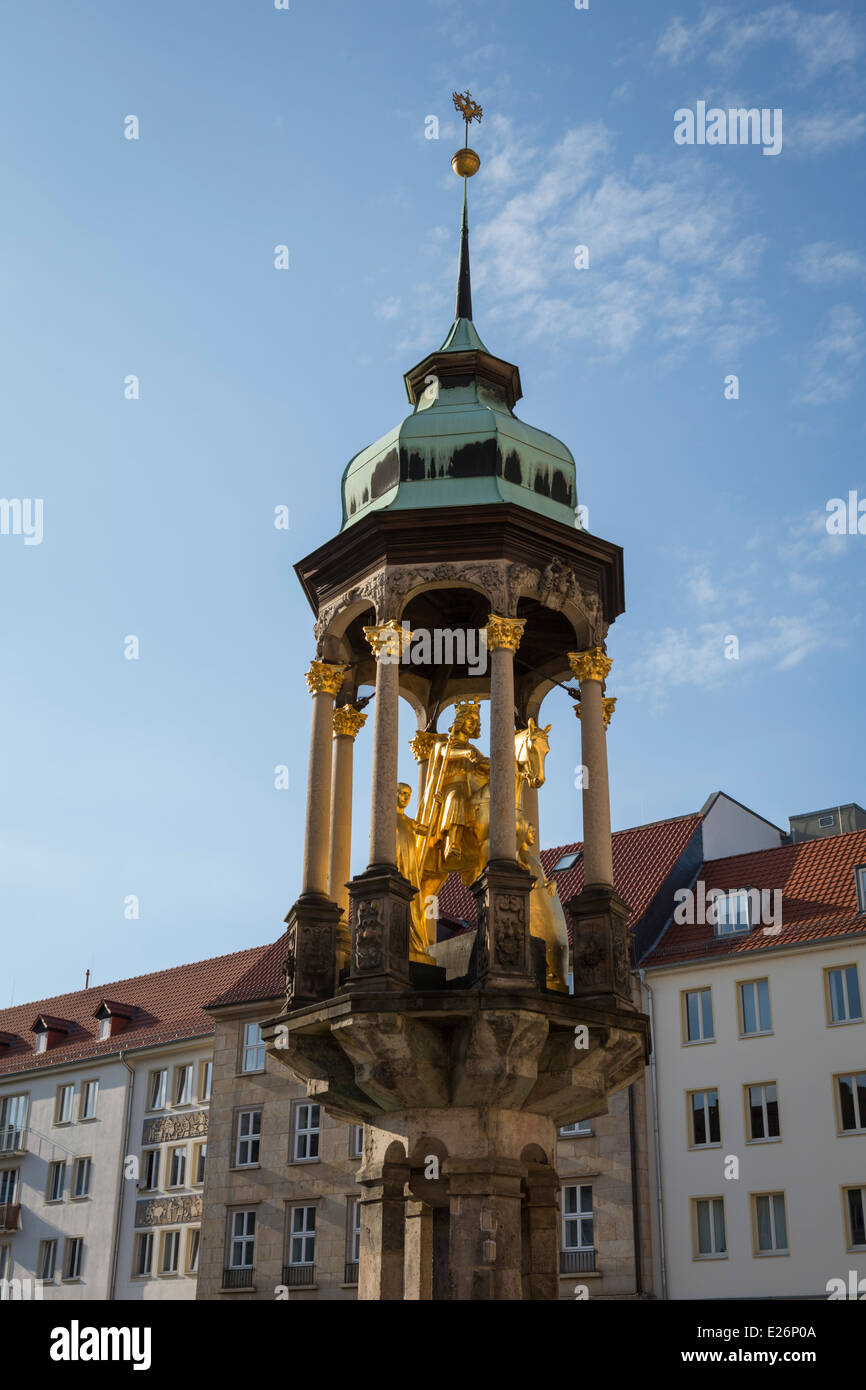 Statue of the golden rider at the old market of Magdeburg (Germany ...