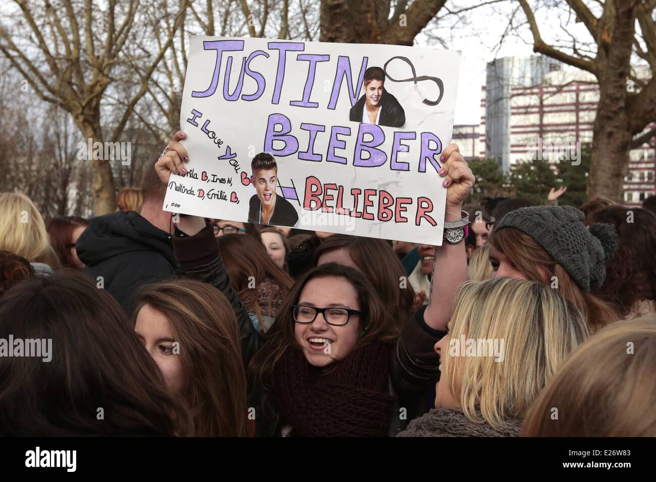 Justin Bieber fans gather outside the Palais omnisport de Paris Bercy ...
