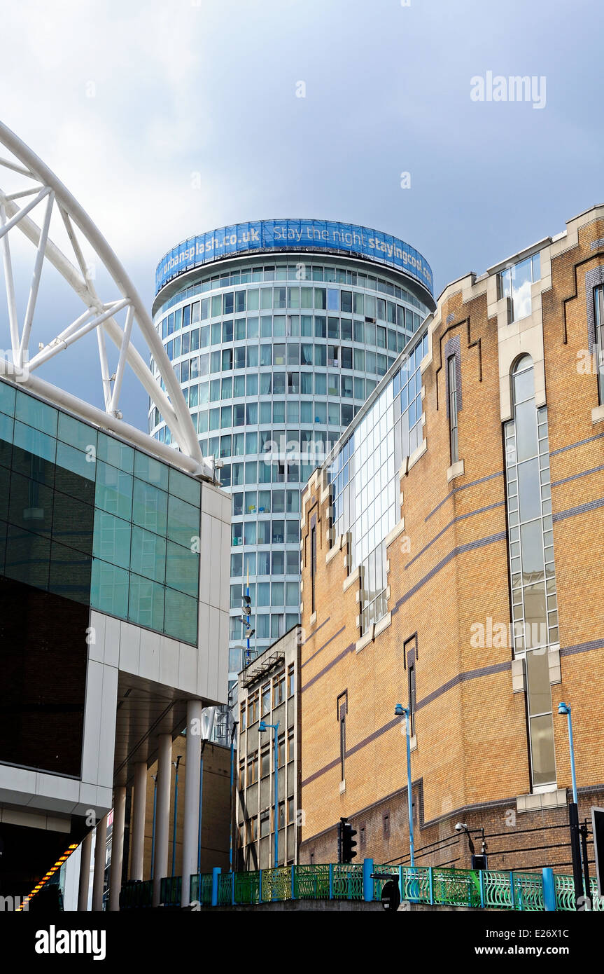 The Rotunda seen between buildings, Birmingham, West Midlands, England ...