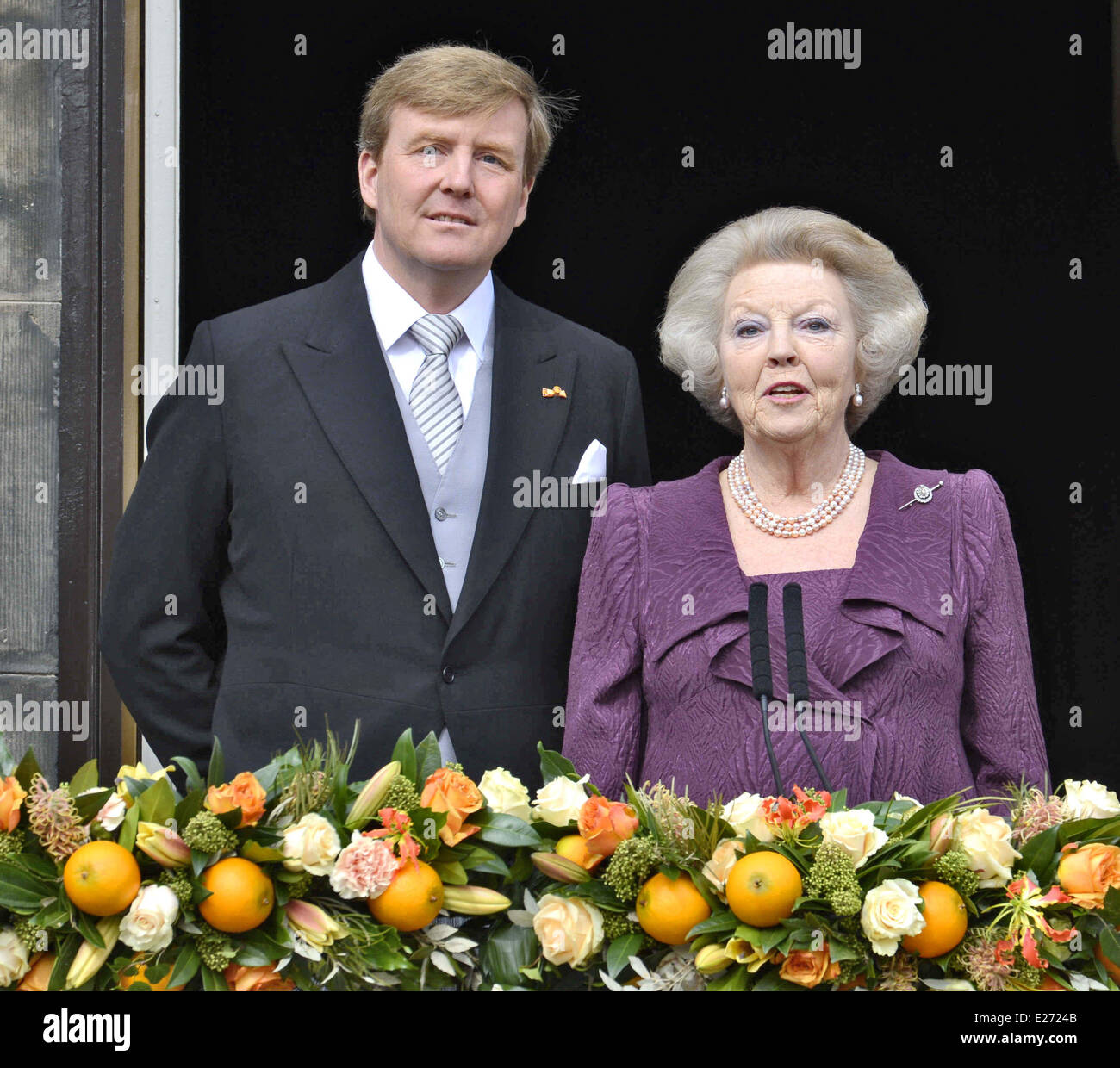 Members of the Dutch Royal family greet crowds after the abdication of Queen Beatrix of the ...