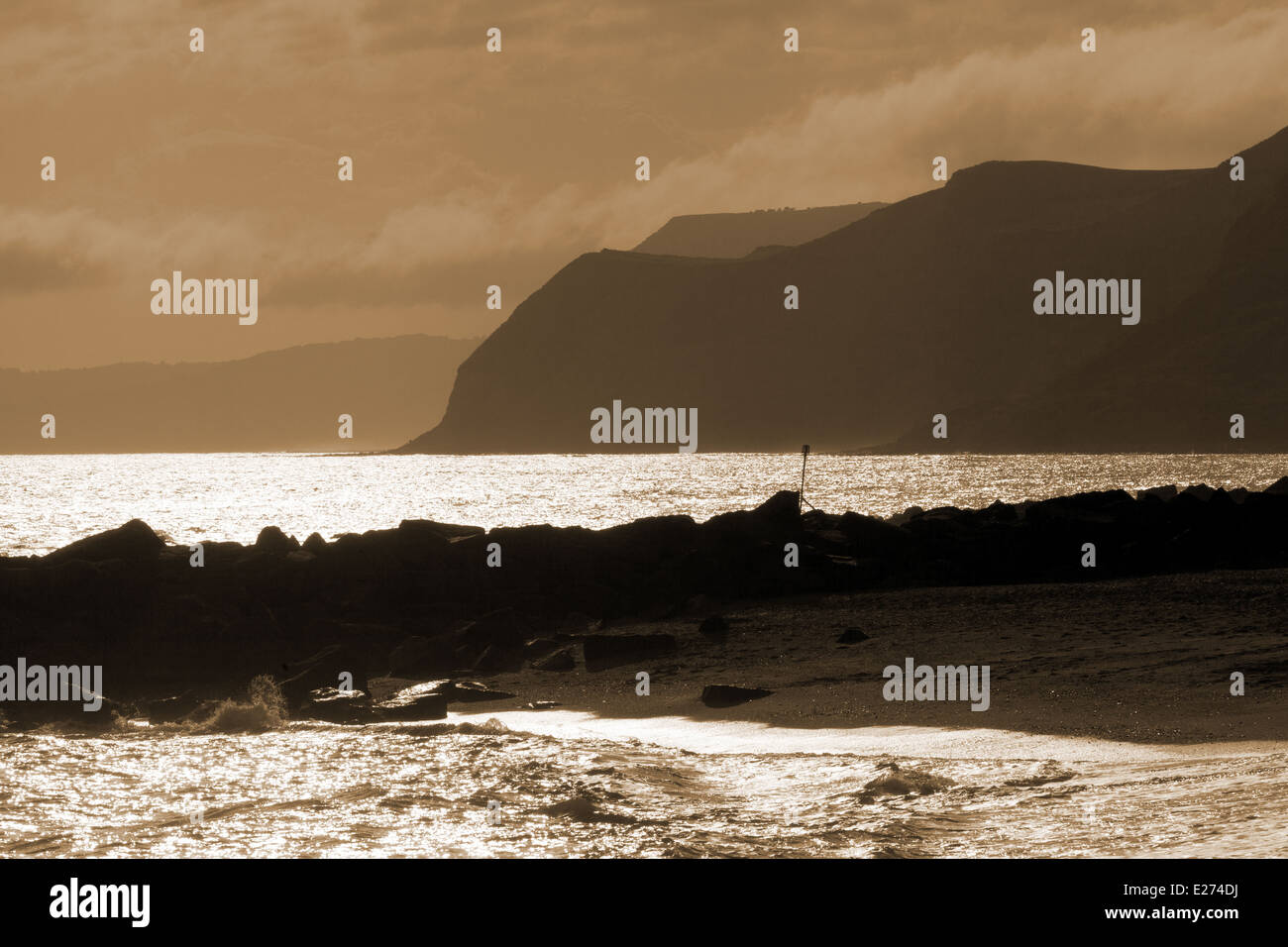 The Jurassic coast, Dorset at sunset looking west from West Bay, Dorset ...
