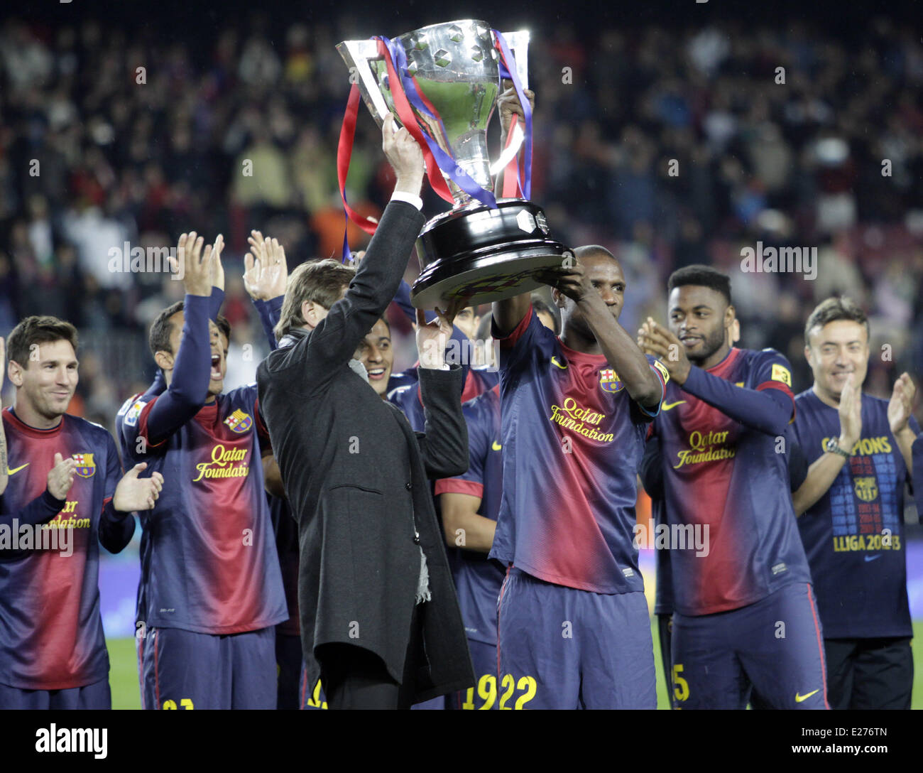 Barcelona FC players celebrate winning the Spanish League after their ...