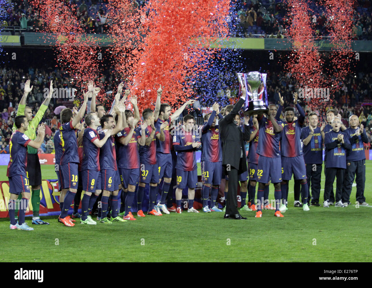Barcelona FC players celebrate winning the Spanish League after their ...